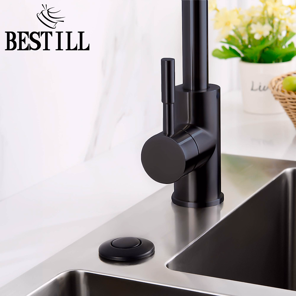 BESTILL Sink Top Air Switch Kit for Garbage Disposal, Matte Black Long Push Button with Brass Cover, UL Listed(E530042) Dual Outlet Power Module
