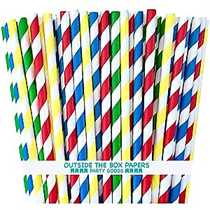 Outside the Box Papers Lego Theme Striped Paper Straws 7.75 Inches 100 Pack Blue, Red, Green, Yellow, White