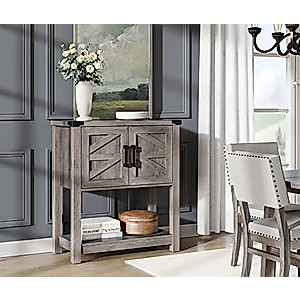 WAMPAT Modern Farmhouse Buffet Cabinet, Wood Sideboard with Cabinet & Open Storage for Living Room, Kitchen, Magnetic Door Catch, 5-Level Adjustable Shelf, Riveted Metal Braket, Wash Grey