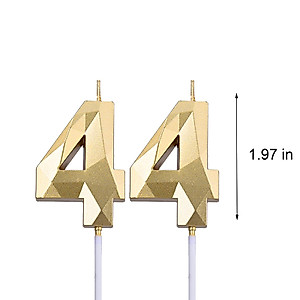 2 inch Gold 44 Birthday Candles, 3D Diamond Number 44th Cake Topper for Boys Girls Birthday Party Decorations Theme Party