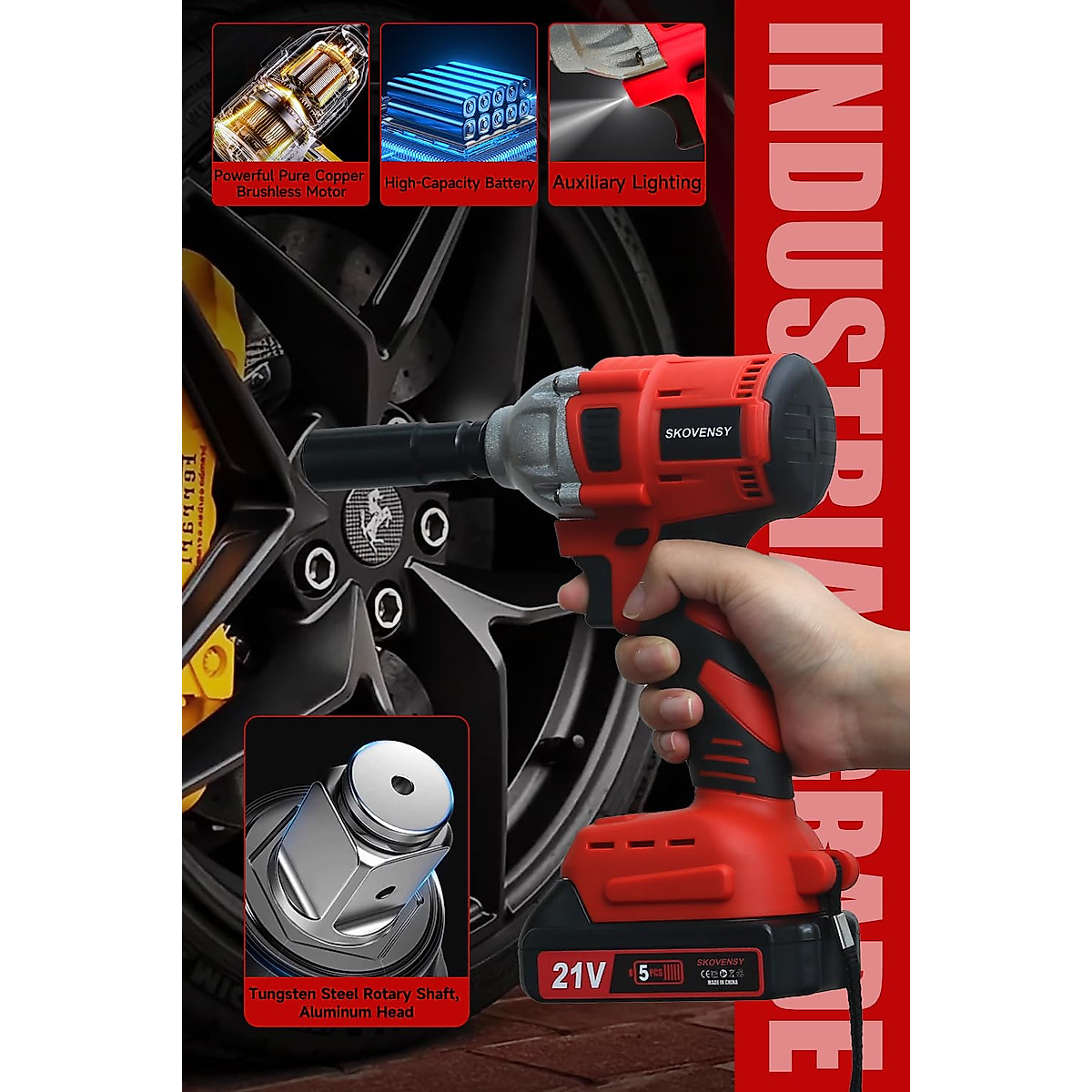 SKOVENSY Cordless Impact Wrench 258Ft-lb（350N.m）, 1/2 Impact Gun, 2 Batteries, Pistola de Impacto, with 5 Sockets, Electric Impact Driver for Car Tires and Home RED