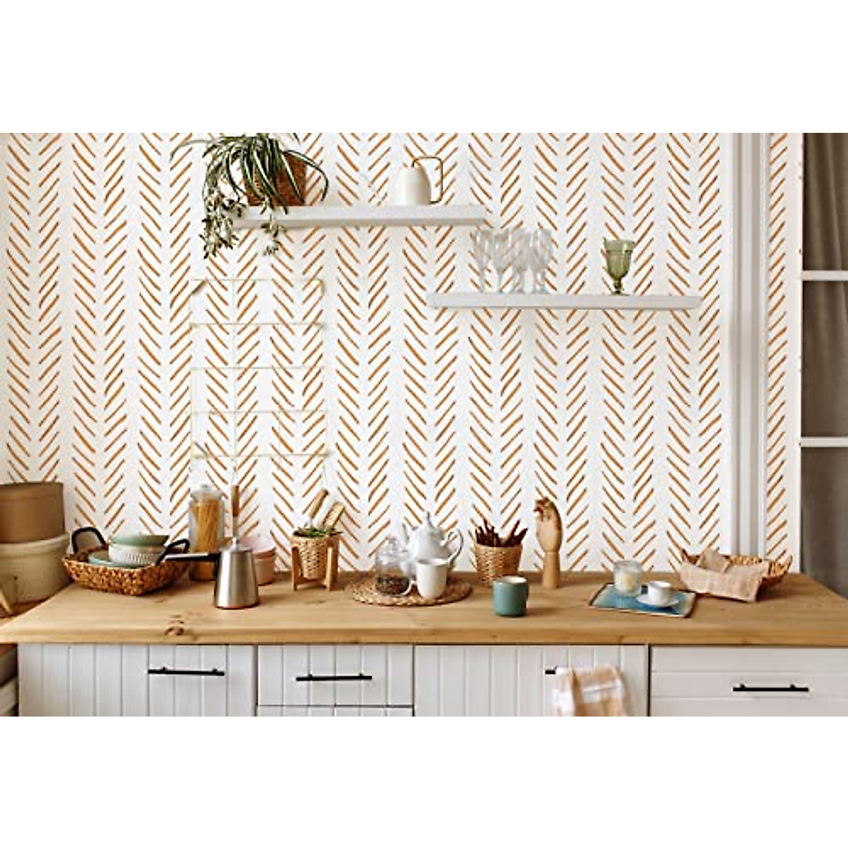 HAOKHOME 96101-3 Boho Peel and Stick Wallpaper Brush Strokes Stripes Removable Terracotta/White Chevron Vinyl Self Adhesive Mural 17.7in x 9.8ft