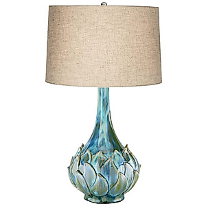 Possini Euro Design Kenya Modern Tropical Table Lamp with Dimmer 29 1/2" Tall Blue Green Glaze Ceramic Beige Linen Drum Shade for Bedroom Living Room House Home Bedside Nightstand Office Family