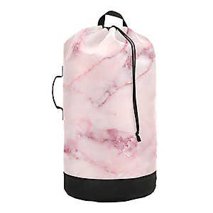 Washable Laundry Bag Backpack Large Dirty Clothes Bag with Adjustable Shoulder Strap Handles, Pink Marble Pattern Extra Laundry Heavy Duty Drawstring Bag for Travel College Grey Camping