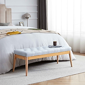 Kingfun Extra-Long Upholstered Tufted Bed Bench Seat for Bedroom, Entryway Wood Bench with Sturdy Wooden Legs, Buttoned Vanity Rectangle Dining Bench (Grey)