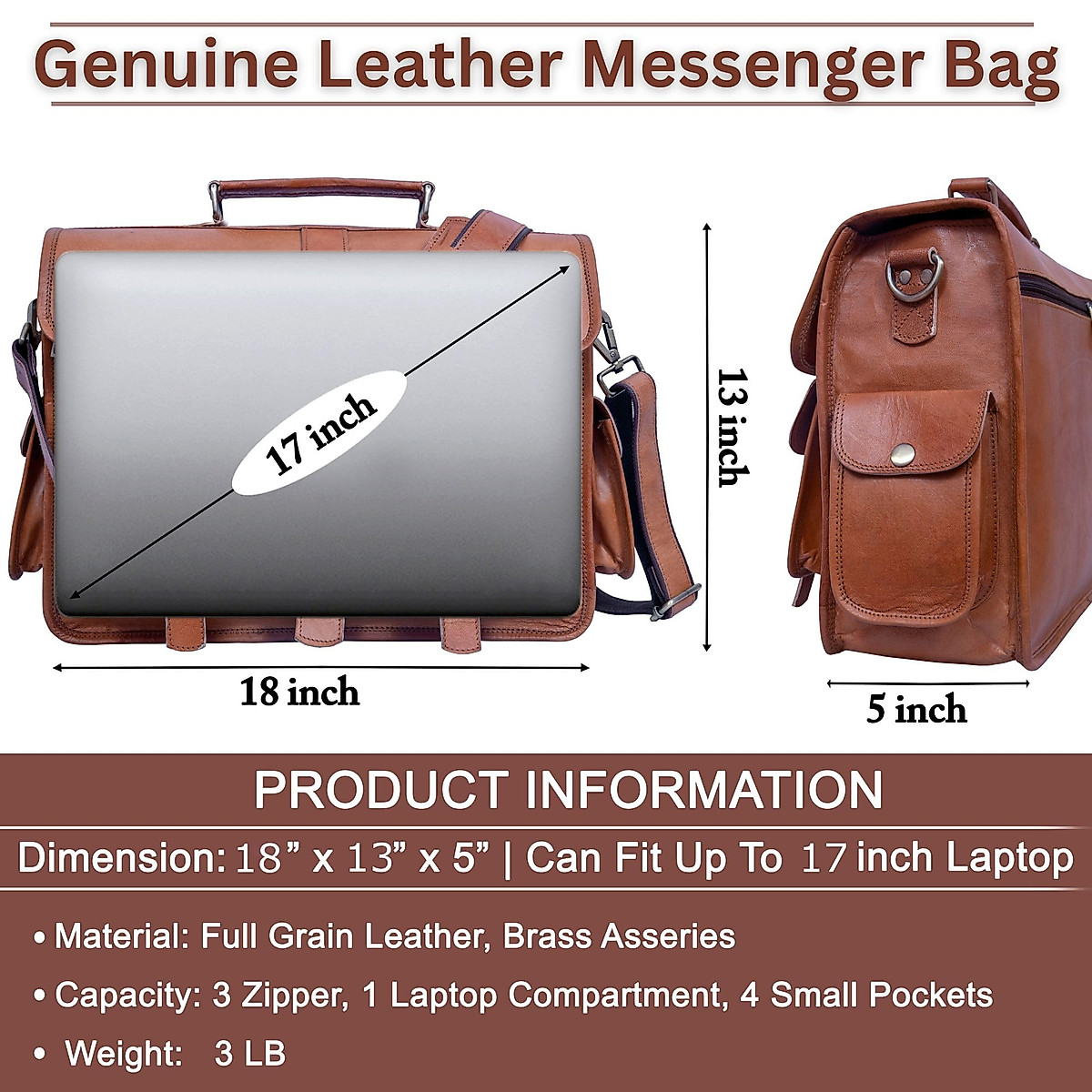 ANUENT Real Leather Messenger Bag for Men and Women Vintage Computer Laptop Briefcase Satchel Crossbody Work Bags (Brown) (18 inch)