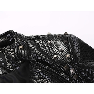 chouyatou Women's Fashion Snake Pattern Print Studded Moto Pu Leather Biker Jacket (X-Small, Black)