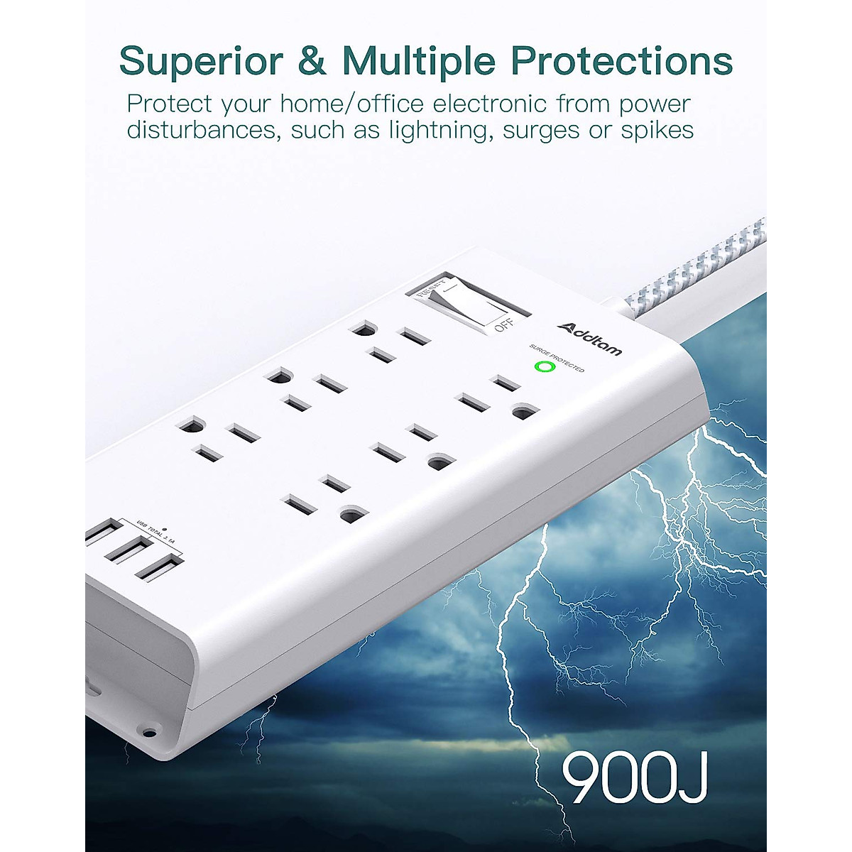 USB Wall Charger, Surge Protector, 5 Outlet Extender with 4 USB Charging Ports (1 USB C Outlet, 4.5A Total) and Power Strip Surge Protector, Addtam 6 Outlets and 3 USB Ports 5Ft Long Extension Cord