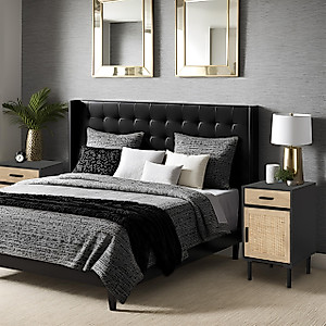 Finnhomy Tall Nightstands Set of 2, Night Stand, Bedside Table Set of 2 with Drawer and Shelf, Hand Made Rattan Decorated Doors, Nightstands with Storage for Bedroom, Black, 2 Pack