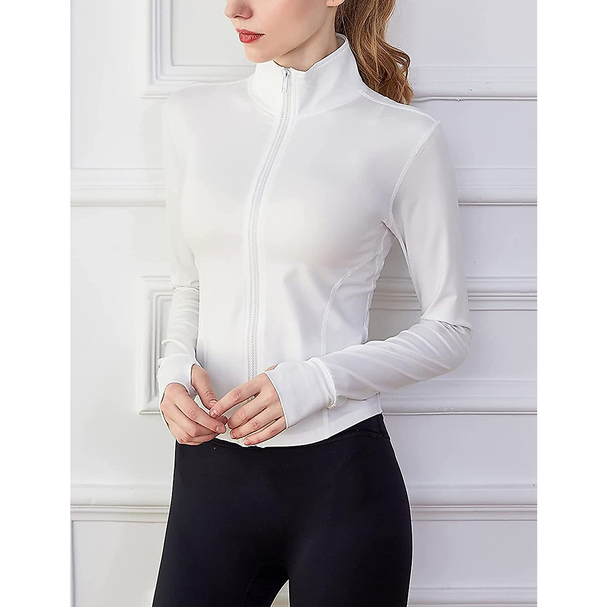 Yeokou Womens Active Zip Up Seamless Sports Running Track Jacket Tops with Thumbhole（White-S）