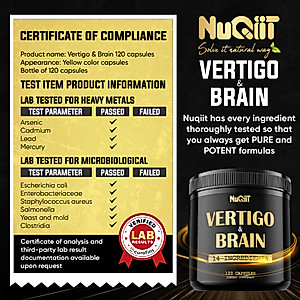NUQIIT Vertigo & Brain Supplement with Ginkgo Biloba Leaf 10500mg Lions Mane 4500mg & More - Support Memory, Focus & Brain Health - 120 Capsules for 2-Month Supply