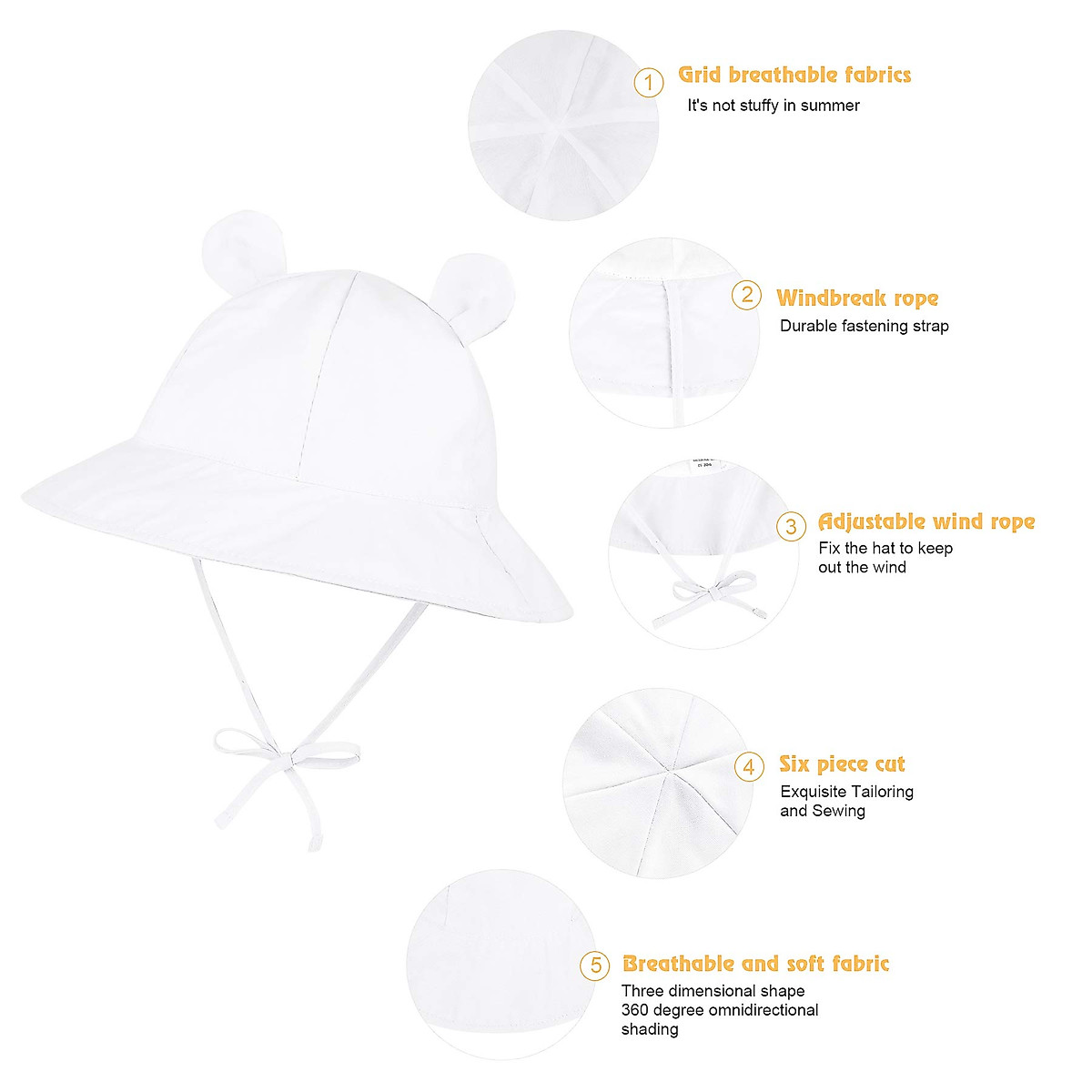 Zando Baby Sun Hat Bucket Hat Wide Brim Beach Caps Toddler Hats for Boys with Bear Ears Infant Summer Hat for Girls White 0-6Months