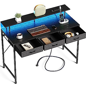 Huuger 47 inch Computer Desk with 3 Drawers, Office Desk Gaming Desk with LED Lights & Power Outlets, Home Office Desks with Storage Space for Bedroom, Work from Home, Black