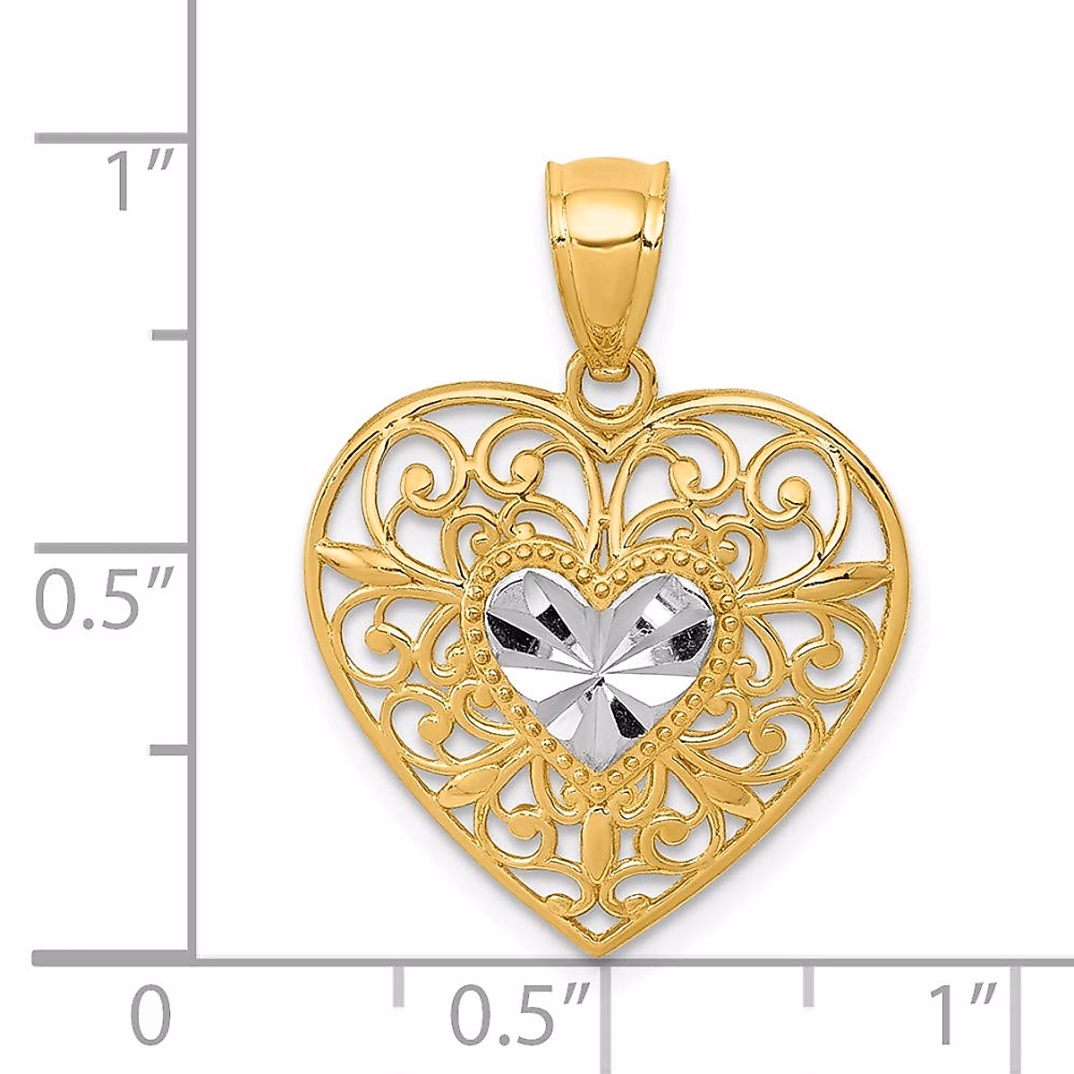 Solid 14k Yellow Gold Two Toned Diamond-Cut Filigree Heart Pendant Charm - 24mm x 17mm