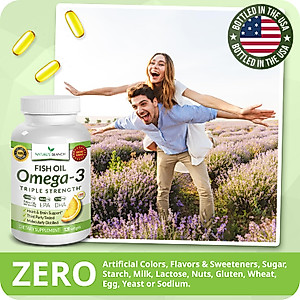 Best Triple Strength Omega 3 Fish Oil Pills 2400mg | 120 Capsules | Burpless High Potency Lemon Flavor | 864mg EPA 576mg DHA Ultra Pure Liquid Softgels | Brain Joints Eyes Hair Heart Health Supplement