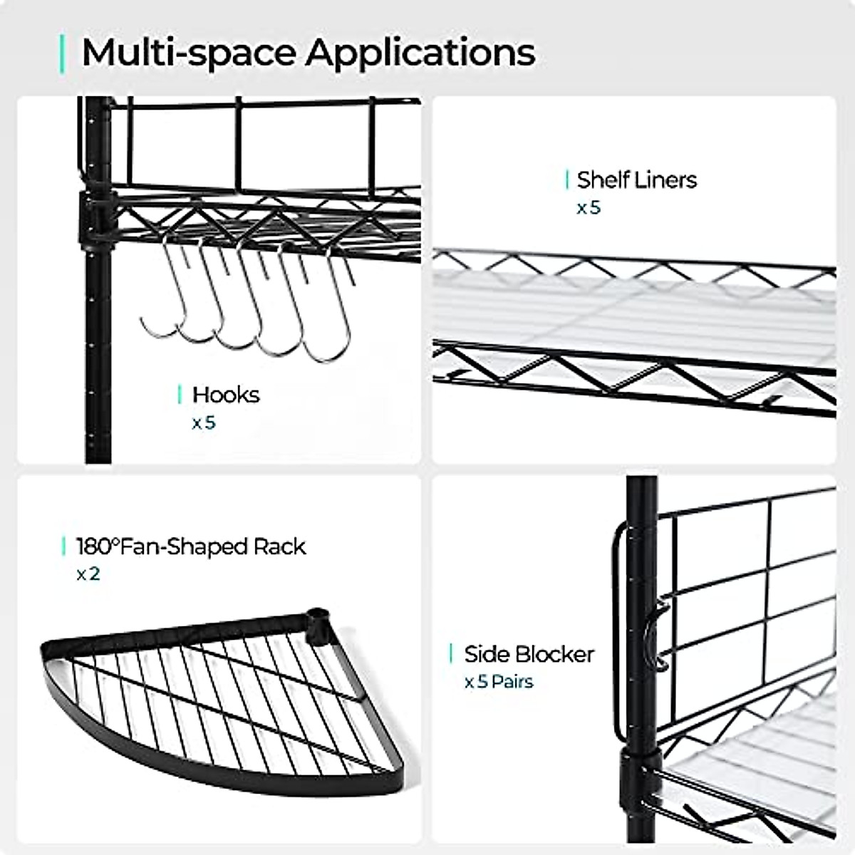 LINSY HOME 5-Tier Storage Shelves with 2 Rotatable Shelves, Height Adjustable Metal Pantry Shelves with 5 Hooks and Shelf Liners, Heavy Duty Metal Shelving, Wire Shelving for Kitchen, Bathroom -Dark