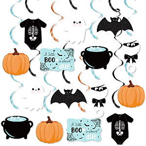 K KUMEED Halloween Baby Shower Decorations, 20 pcs Blue A Little Boo is Almost Due Hanging Swirl Decorations for boys,Ghost Pumpkin Foil Swirls Ceiling for Outdoor Indoor Decor Halloween Baby Shower