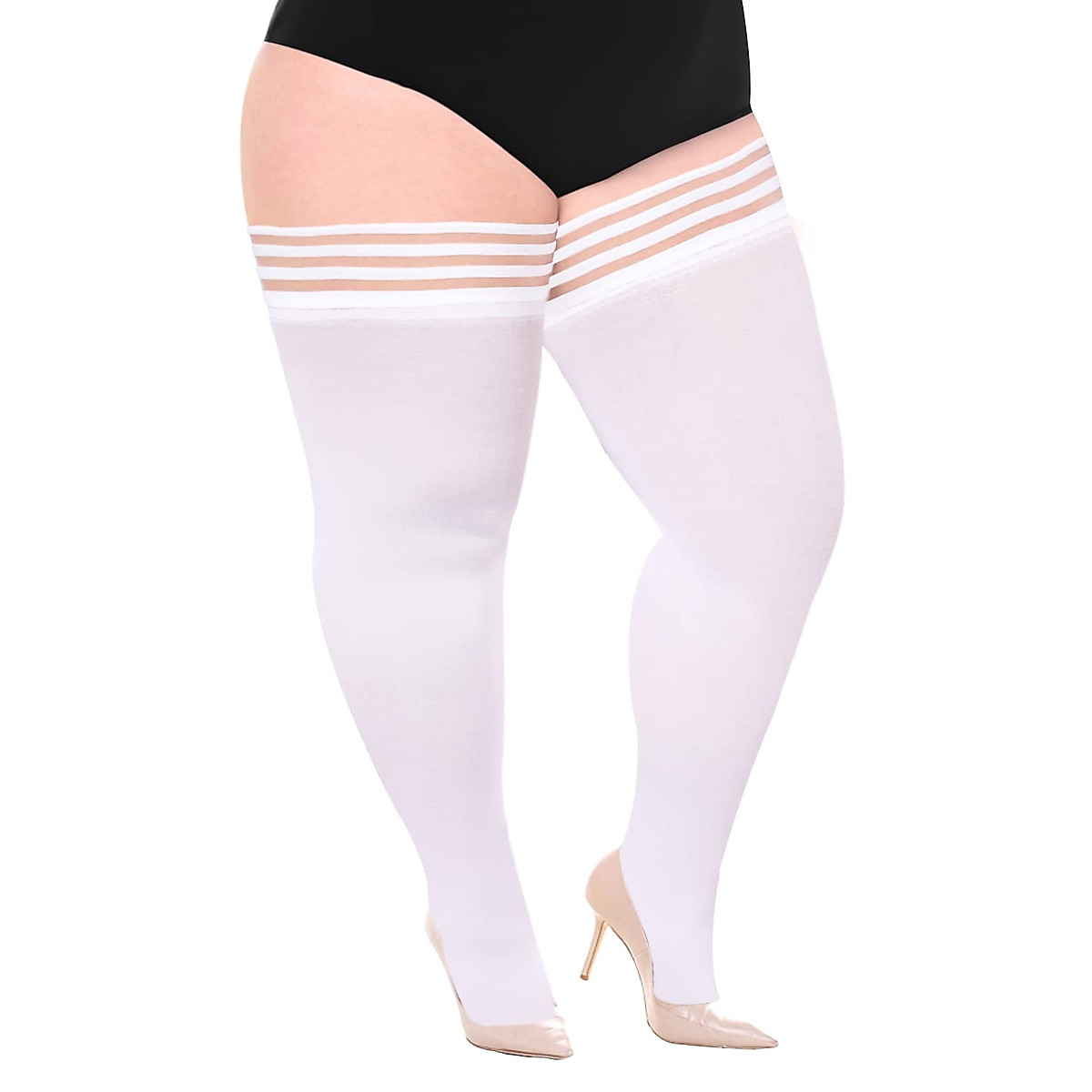 LOUSGUTA Plus Size Thigh High Stockings Womens Silicone Top Stay Up Lingerie Thigh Highs Pantyhose 55D Semi Sheer Stockings