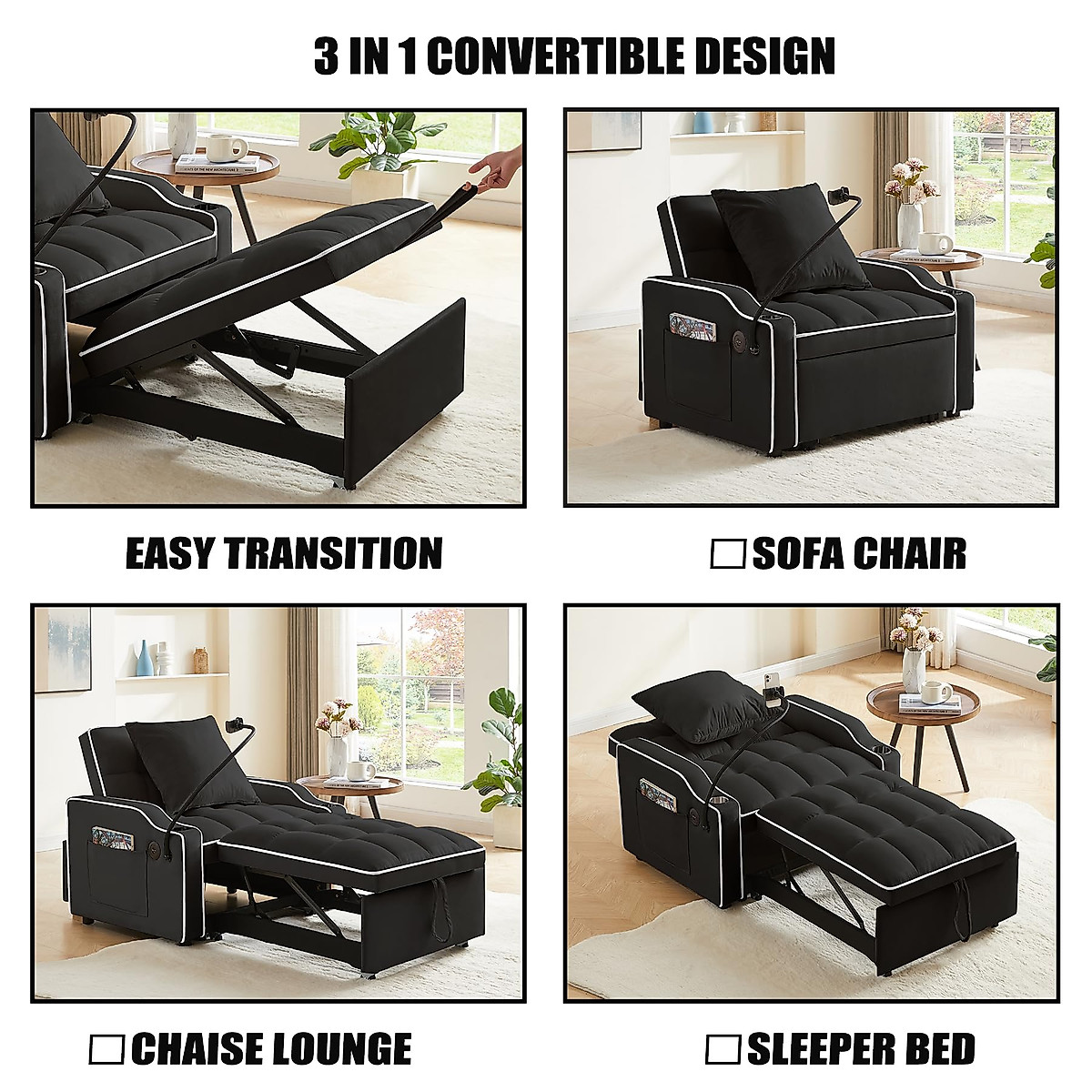 Wrofly 3 in 1 Convertible Sleeper Sofa Chair Bed, Single Pull Out Couch with Adjustable Backrest, Modern Chaise Lounge with USB Port & Phone Holder for RV, Living Room, Small Spaces, Black Velvet