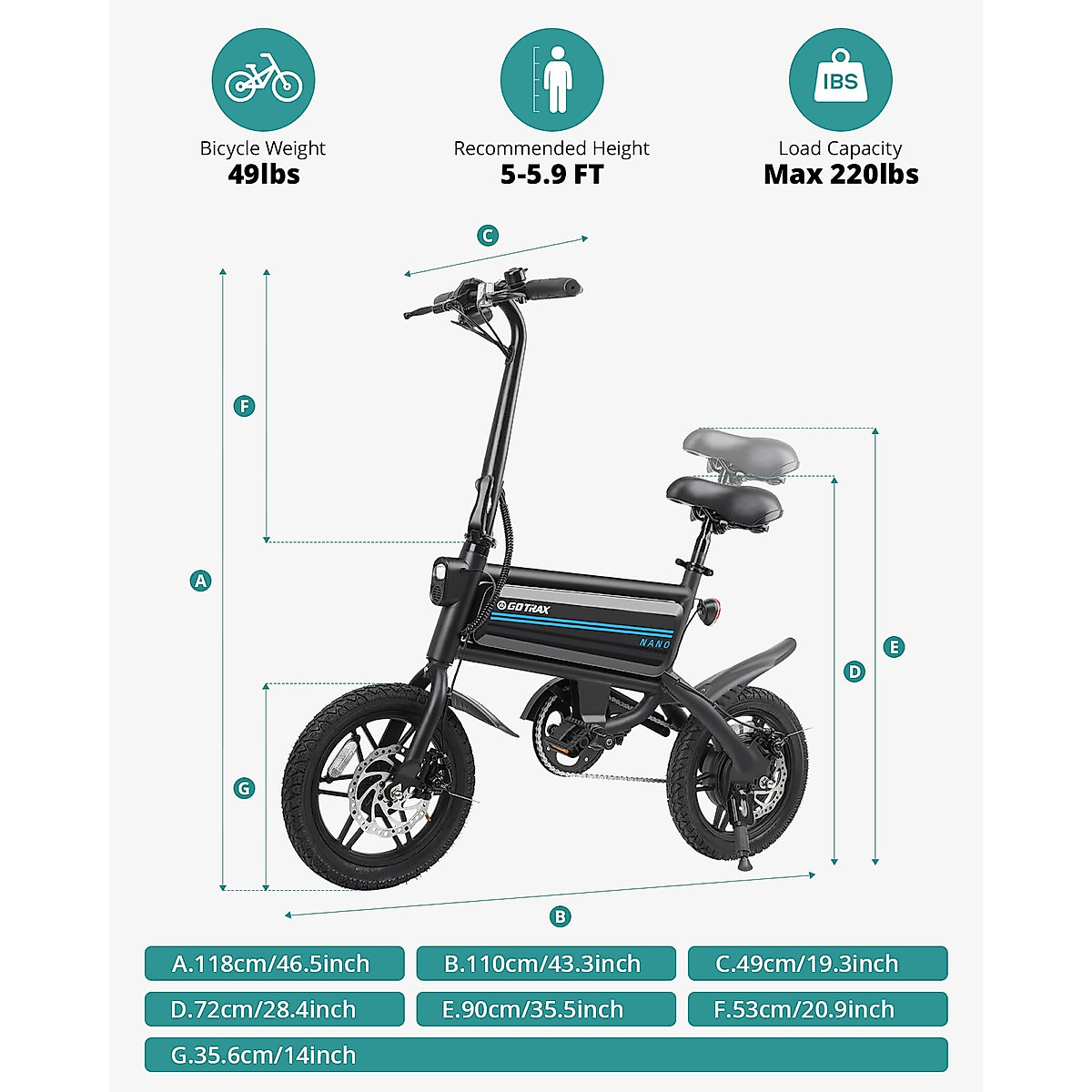 Gotrax Nano 14" Folding Electric Bike, Max Range 25Miles(Pedal-Assist) & Max Speed 15.5Mph, Power by 350W Motor, Adjustable Seat & Dual Fenders, Commuter Electric Bicycle for Adults/Teens Black