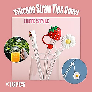 16 Pieces Silicone Straw Tips Cover Reusable Drinking Straw Tips Lids Dust-proof Straw Plugs Portable Straw Caps for 6-8 mm Straws (Cute Style)