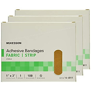 McKesson Adhesive Bandages, Sterile, Fabric Strip, 1 in x 3 in, 100 Count, 3 Packs, 300 Total