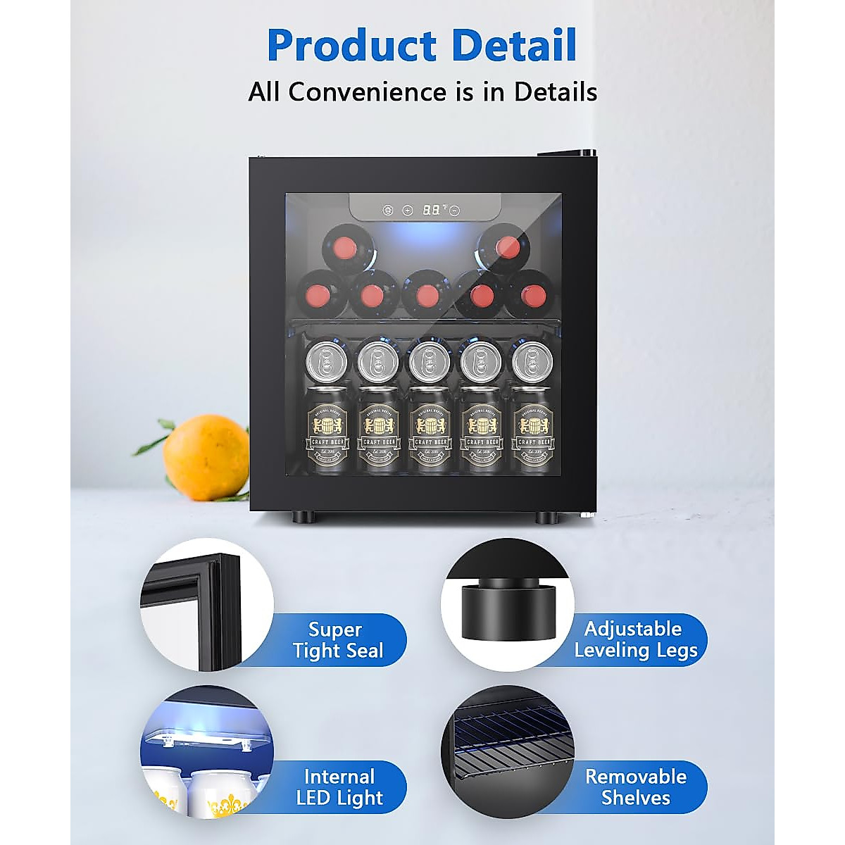 Joy Pebble Beverage Cooler and Refrigerator Mini Fridge with Glass Door for Soda Beer or Wine Small Drink Cooler for Home Office or Bar (2.3 cu.ft, Black)