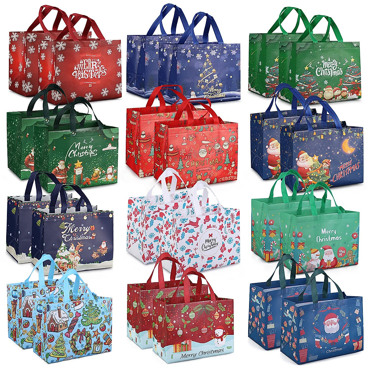 PARSUP 24PCS Christmas Reusable Grocery Bags,Tote Bags with Handles, Treat Bags, Multifunctional Non-Woven Bags for Gifts Wrapping Shopping, Xmas Party Supplies, 12.8×9.8×6.7inch