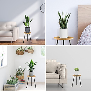 KINNARY Indoor Plant Stand, Mid Century Wood Plant Stand Plant Table for Flower Pots, Tall Metal Plant Holder, Modern Home Decor Small Round Side End Table (11.8"x16")