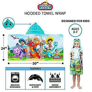 Dino Ranch Bath/Pool/Beach Soft Cotton Terry Hooded Towel Wrap, 24 in x 50 in, By Franco Kids
