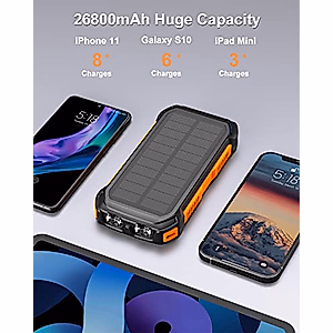 Solar Charger 26800mAh Power Bank: Hiluckey 3A USB C Fast Charging Portable Phone Charger Camping External Battery Pack with 3 Outputs for iPhone Samsung Tablet