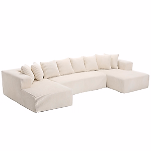 Plococo 131'' Modular Sectional Couch, U-Shaped Sofa, Chaise Lounge, Striped Corduroy Fabric,Upholstered 4 Seater Couch for Living Room, Bedroom, Free Combination Sofa (White)