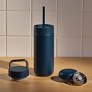 Fellow 16 oz Carter Bundle (3 in 1) Travel Mug with Carry Handle, Move & Cold Lids with Straw - To-Go Coffee Tumbler, Ceramic Interior & Vacuum-Insulated Stainless Steel - Coffee Cups-Stone Blue