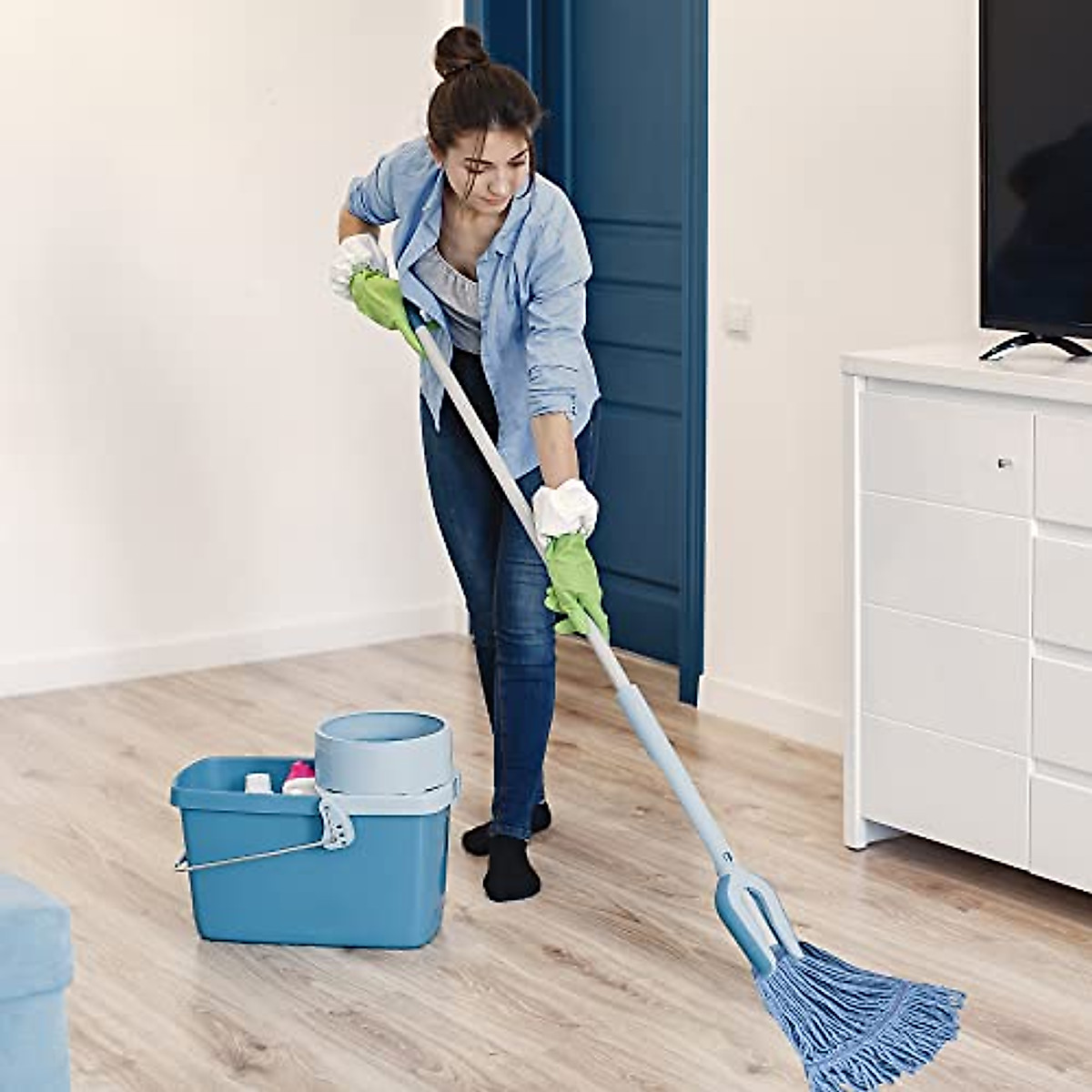 (3 Pack) Mop Head Replacement, Mop Heads Commercial Blue Cotton Looped End String, Wet Industrial Cleaning Mophead Replacements Refill, Reusable Washable Mops for Floor Cleaning Heavy Duty Mopheads