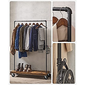 VASAGLE Clothes Rail for Bedroom, Heavy-Duty Clothes Rack, Industrial Pipe Rolling Garment Rack with Shelf, Top Rail Max. Load 90 kg, Laundry Room, Retail Store, Rustic Brown and Black HSR65BXV1