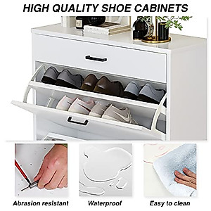 Lamerge Shoe Cabinet for Entryway, Modern Freestanding Shoes Storage Cabinet with 2 Flip Drawers & 1 Slide Drawer, Open Shelf, Narrow Slim Shoe Rack Organizer for Entryway, Hallway - White