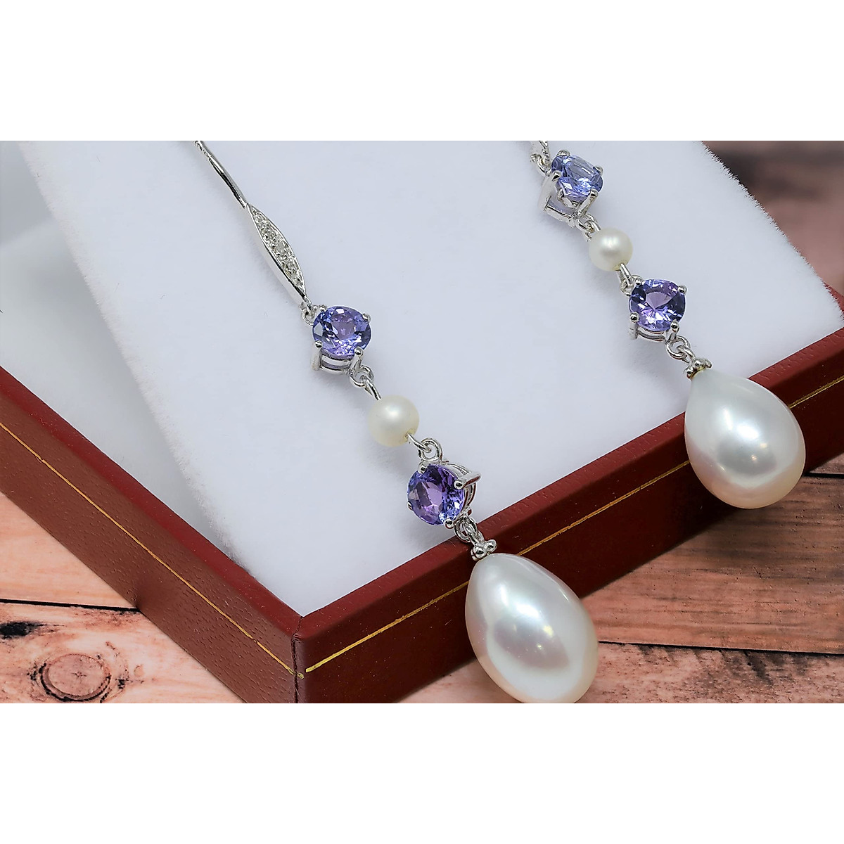 KOKAV Freshwater Pearl with Genuine Tanzanite and Diamond Dangle Earrings in 925 Sterling Silver