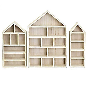 Ikee Design House-Shaped Wooden Shadow Cubby Box Display Shelf Organizer Storage Shadow Box for Mini Figures, Set of 3, Wash White Color, 10" W x 2 1/4" D x 15" H