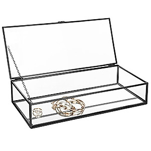 MyGift Glass Jewelry Box, Vintage Style Black Metal & Clear Glass Mirrored Shadow Box Jewelry Display Case with Hinged Top Lid