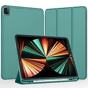 iMieet New iPad Pro 12.9 Case 2022(6th Gen)/2021(5th Gen) with Pencil Holder [Support iPad 2nd Pencil Charging/Pair],Trifold Stand Smart Case with Soft TPU Back,Auto Wake/Sleep(Forest Green)