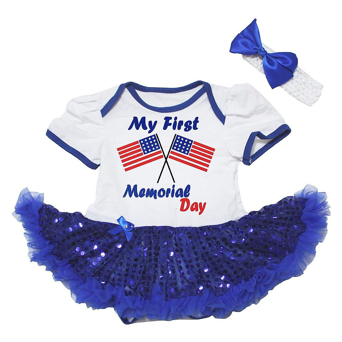 Petitebella USA Flags My First Memorial Day Baby Dress Nb-18m (White/Blue Sequins, 0-3 Months)