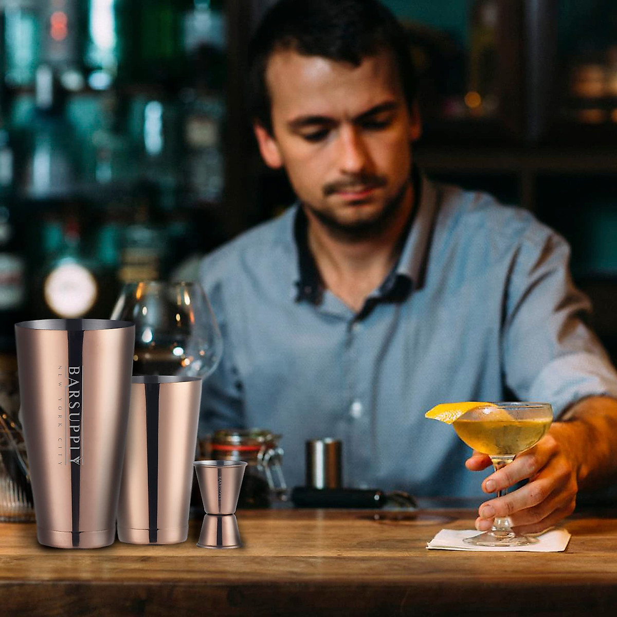 Professional Boston Cocktail Shaker Set | 4-Piece Bar Set | Stainless Steel 304 | 28oz/18oz Weighted Shaker Tins | Hawthorne Strainer | Double Sided Jigger | Recipe Booklet | Bartender Kit (Copper)