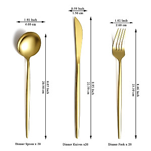 Evanda Gold Silverware Set 60 Piece Service for 20, Titanium Gold Plated Stainless Steel Flatware Set, Knives Forks Spoons Cutlery Set for Wedding, Parties, Birthday, Restauroom, Dishwasher Safe