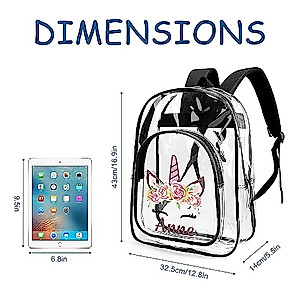 Personalized Unicorn Clear Backpack for Girls With Name, Transparent Heavy Duty Backpack With Reinforcing Straps For School Sports Workplace, Custom Waterproof Clear Book Bag, Back to School Gift