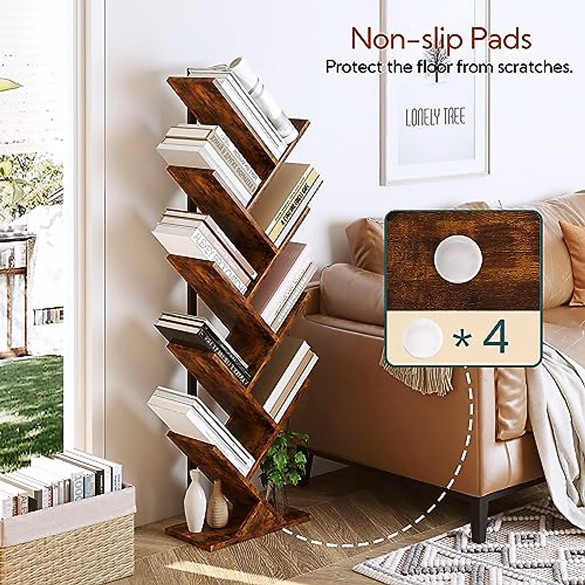 Yusong Tree Bookshelf, Geometric Bookcase with Steel Pipe for Living Room Bedroom, Floor Standing Shelves for Home Office (Rustic Brown, 9 Tier)