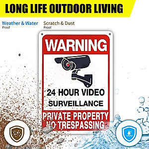 24-Hour Video Surveillance Warning Sign Set of 4 - Aluminum, 10x7 Inches, UV Printed, Deterrent for Private Property Trespassing, No Trespassing Alert Plaque