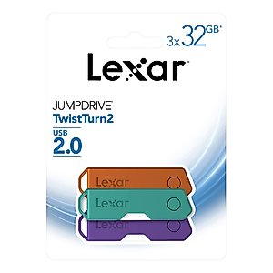Lexar® JumpDrive® TwistTurn2 USB 2.0 Flash Drives, 32GB, Pack of 3 Flash Drives, LJDTT2-32GABNA3