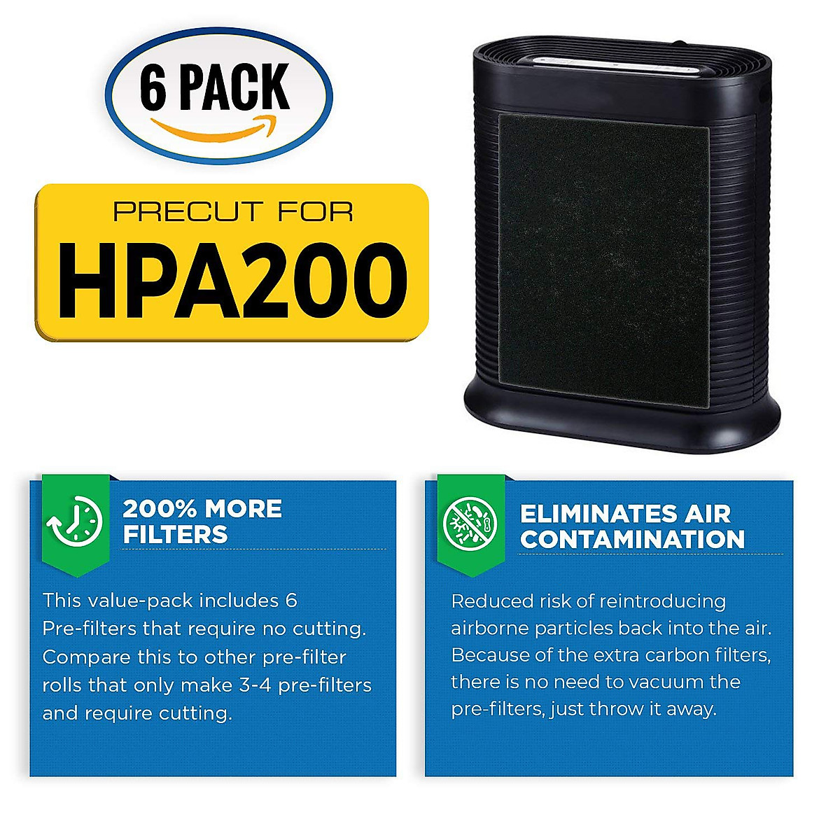 ﻿﻿VEVA Air Purifier Filter Replacements - 6 Pack Precut & Compatible with Honey-well HPA200 Purifiers - Premium Activated Carbon Pre-Filters