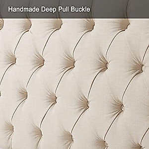 PaPaJet Queen Size Platform Bed Frame, Linen Curved Upholstered Bed with Shell Wingback Headboard/Deep Button Tufted/No Box Spring Needed/Beige
