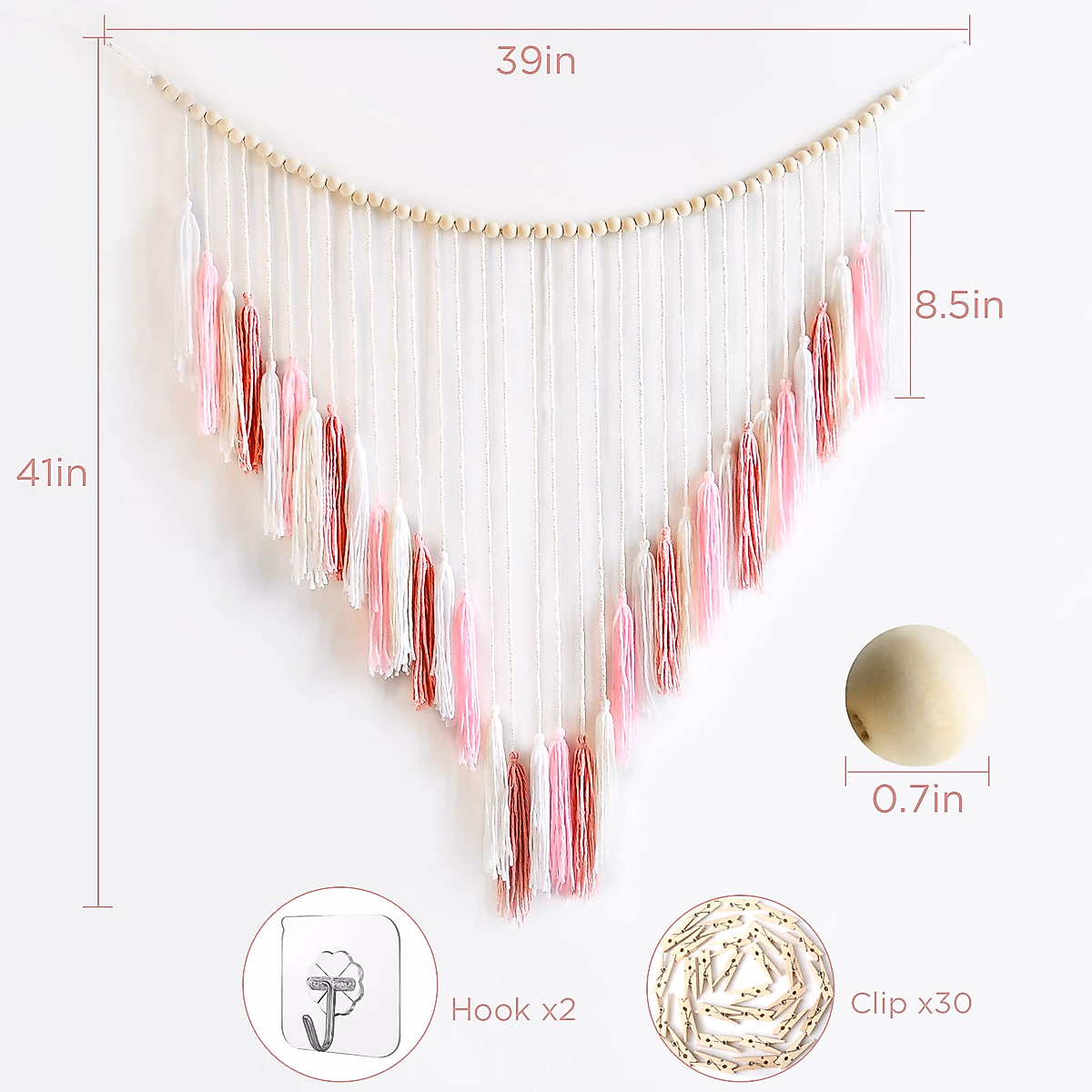 JOBOSI Warm pink wall hanging with Wood Bead Tassel pendant Decoration, bohemian wall hanging, bedroom, living room, kitchen decoration, girls' room decoration, gifts for women